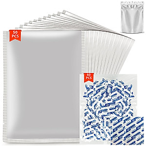 50 Pack 1 Gallon Mylar Bags for Food Storage with Oxygen Absorbers for Rice, Grains, Coffee Beans and Emergency Long Term Food Storage