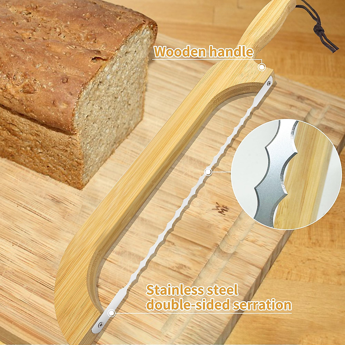 AmaCielo Bread Bow Knife, Bread Knife for Homemade Bread, 16.5 Inch Wooden Double-Sided Serrated Bread Slicer, Bread Cutter for Sourdough, Bagels, Baguettes, Premium Stainless Steel