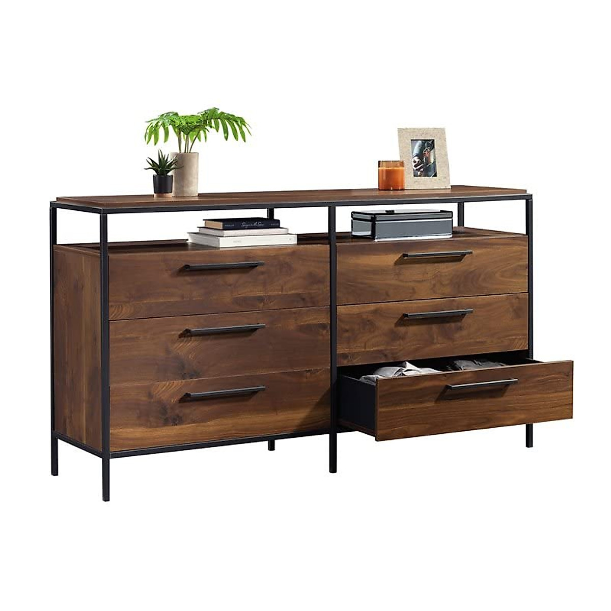 Sauder Nova Loft 6-Drawer Bedroom Dresser with Open Shelf, Grand Walnut Finish