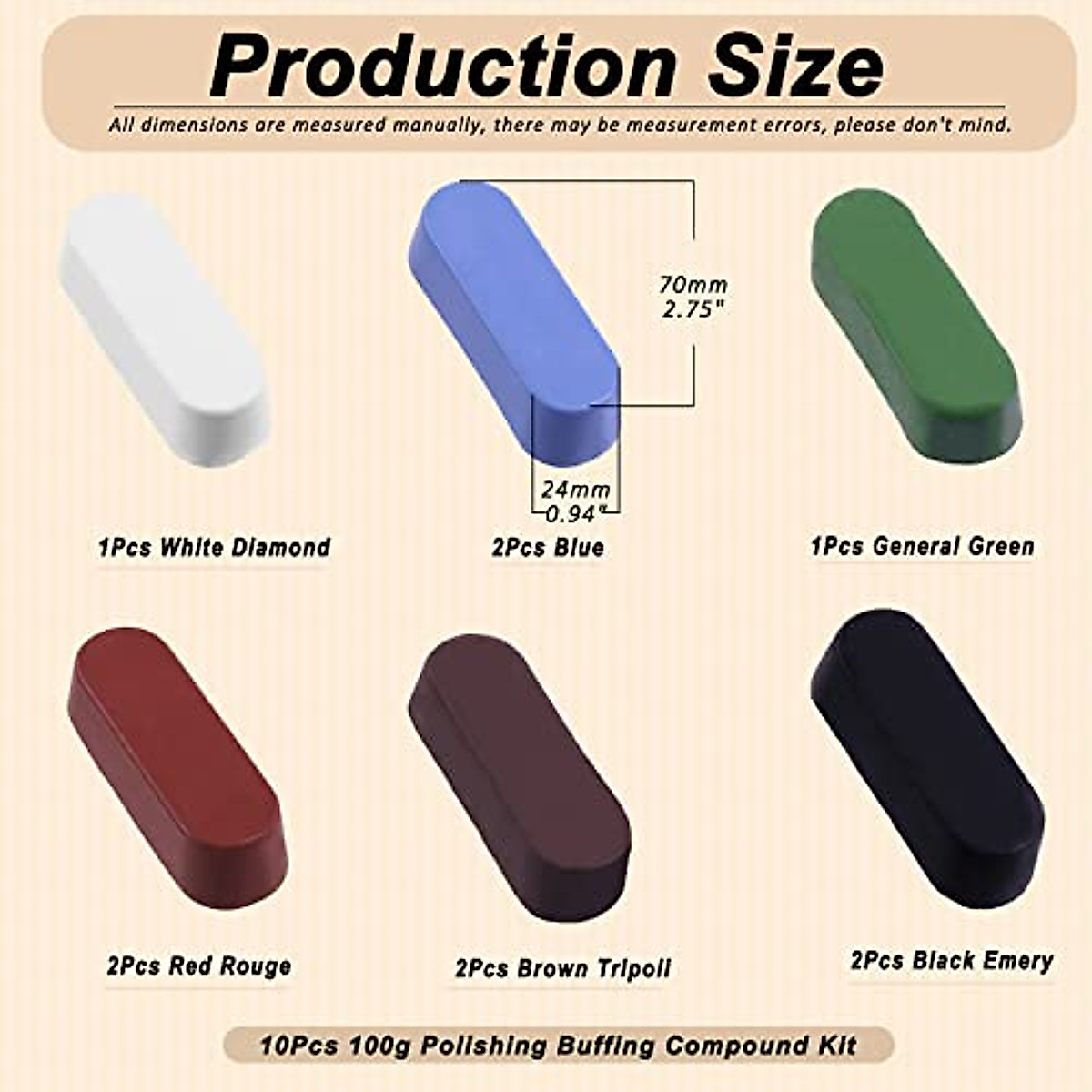 Wokape 10Pcs 100g Polishing Buffing Compound Kit, Including 1Pcs White Diamond, 2Pcs Red Rouge, 2Pcs Black Emery, 1Pcs Brown Tripoli, All Purpose 2Pcs Blue with 1Pcs General Green Compounds