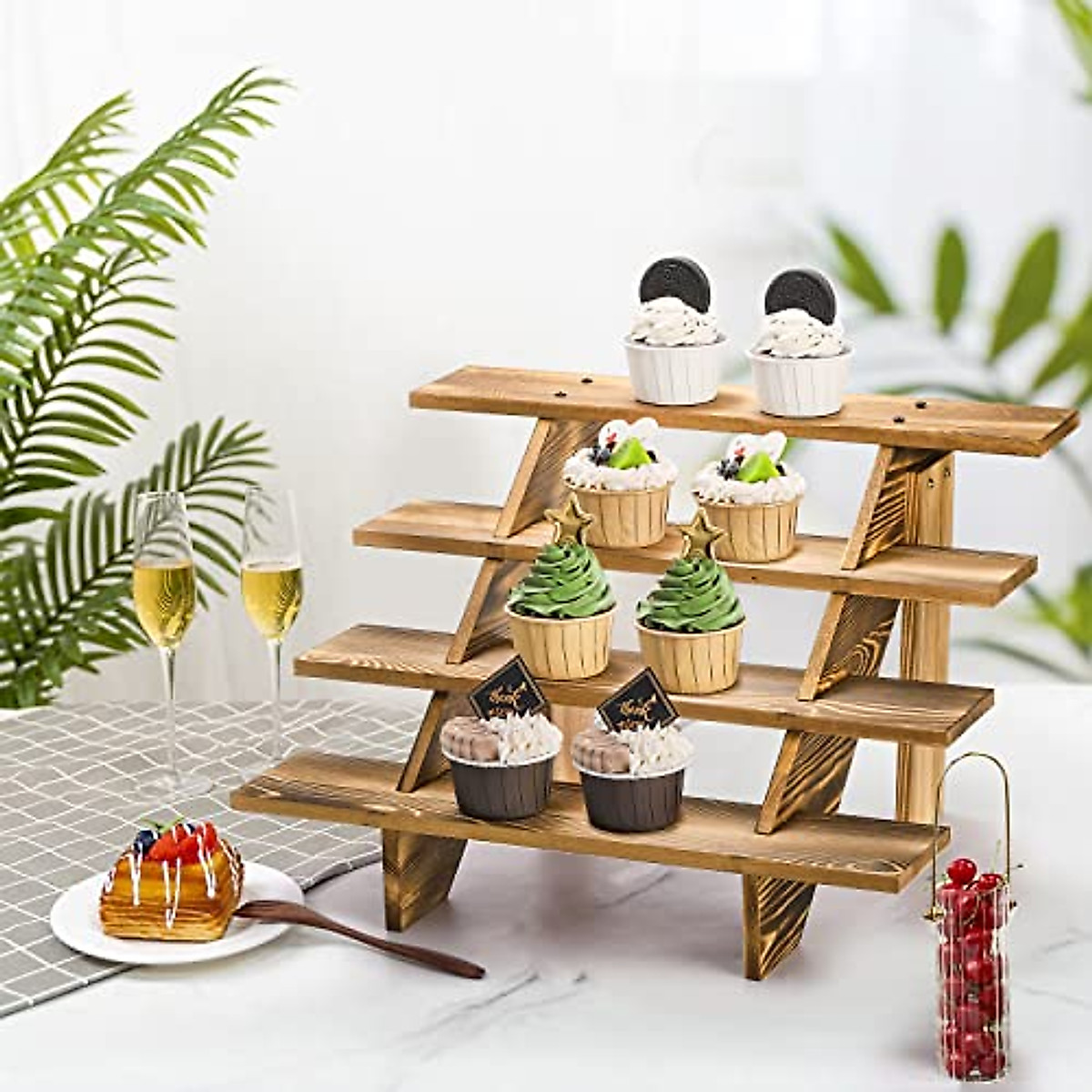 Hacaroa 4 Tier Wood Cupcake Stand, Rustic Retail Stair Shelf Cascading Display Riser, Decorative Farmhouse Dessert Stand for Tabletop, Vendors, Retail Stores