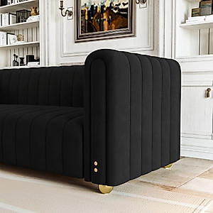 yunqishi 81.3" Modern Black Velvet Couch for Living Room, Upholstered Comfy 3 Seater Office Sofa with High Armrest and Gold Metal Legs (Black 81")