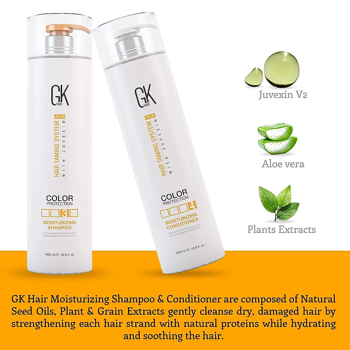 Global Keratin GK Hair Moisturizing Shampoo and Conditioner Set 1000ml I Organic Argan Oil Hair Serum For Frizz Control Dry Damage Hair Repair 10ml