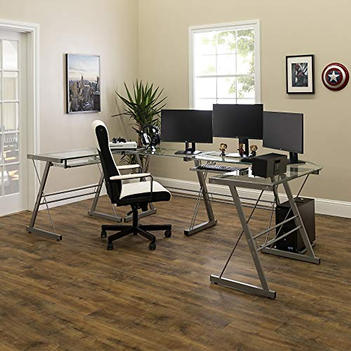 Walker Edison Ellis Modern Glass Top L Shaped Corner Gaming Desk with Computer Keyboard Tray, 51 Inch, Silver