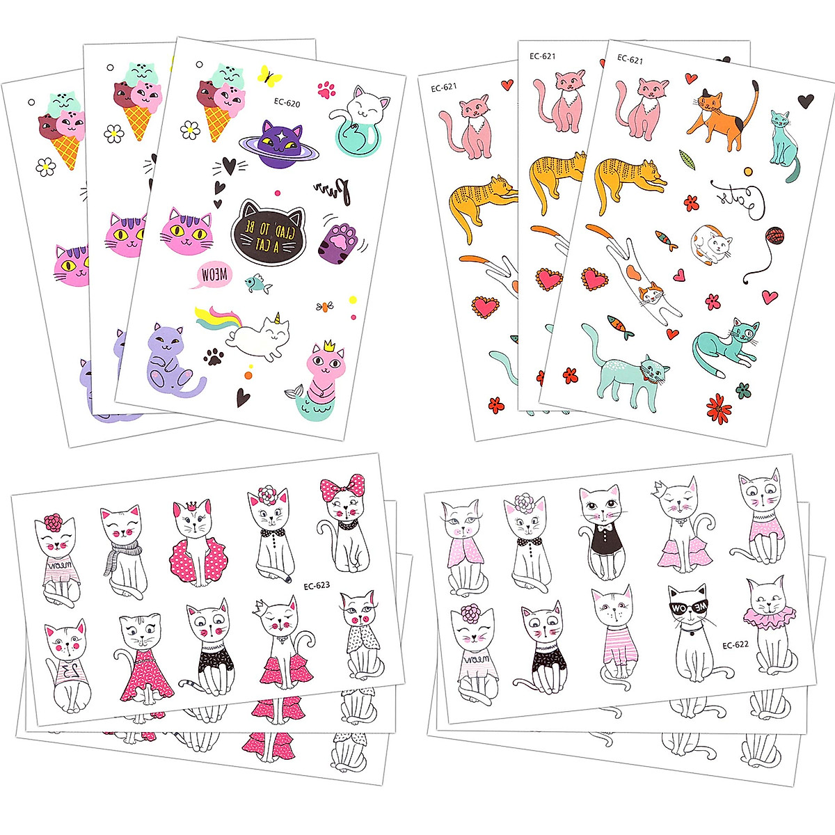 Temporary Tattoos for Girls Kids Women(180pcs), Konsait Cute Kitty Cat Tattoos Waterproof Body Art Sticker Great Birthday Party Favors Kids Party Accessories Goodie Bag Stuffers Party Fillers Gift