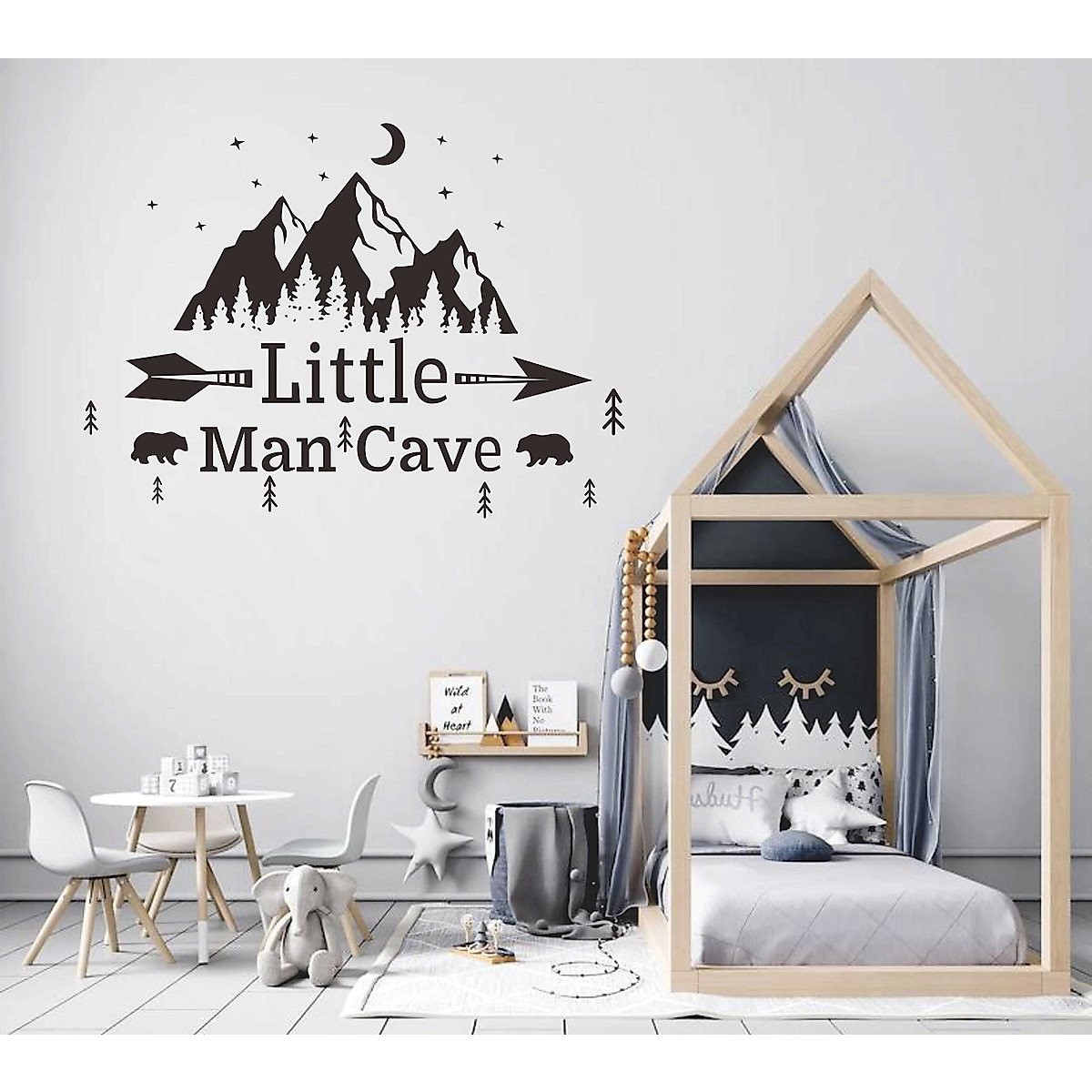 Little Man Cave Mountains Vinyl Decals, Landscape with Animals Stickers, Mountain Moon Stars Decal for Nursery Room,Kids Décor A9 (Black)