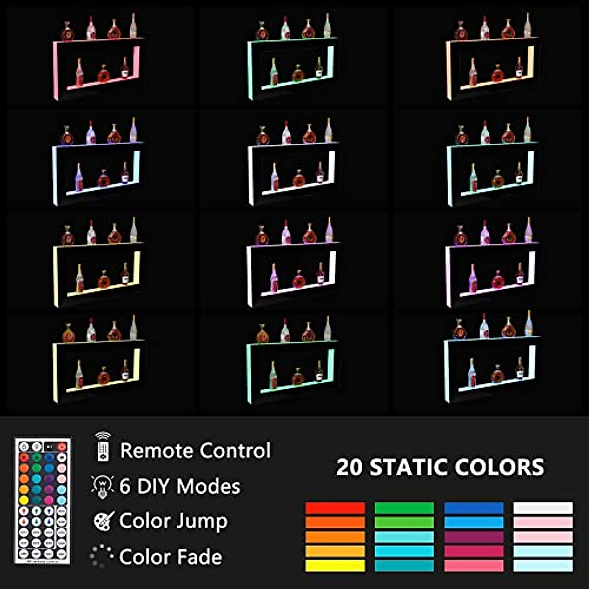 ROVSUN Wall Mounted LED Lighted Liquor Bottle Display Shelf 36 Inch Bar Shelf with Remote Control, Illuminated Liquor Shelves LED Bar Shelves Man Cave Bar Accessories Commercial Home