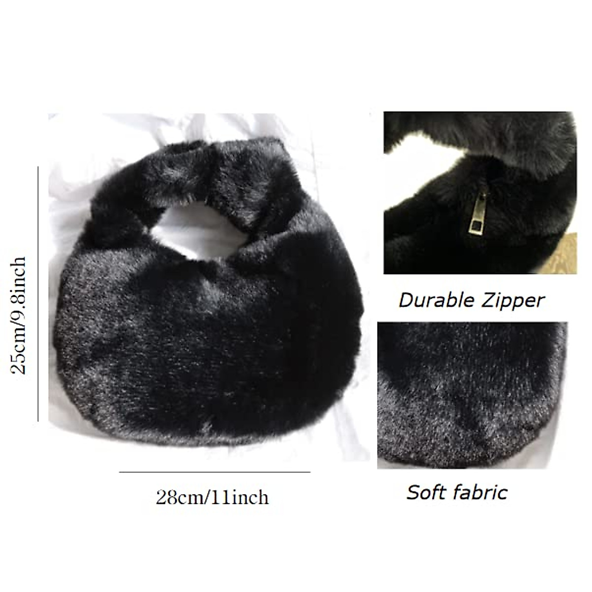 XPONNI Fuzzy Dumpling Bag, Cute Fluffy Bags, Cute Mini Handbags, Faux Fur Bag with Zipper, Soft Knotted Bag (black)