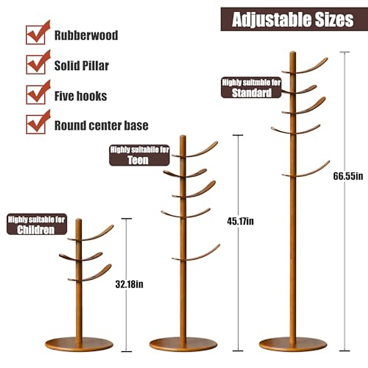 Pieryakers Wooden Coat Rack,Wood Coat Rack Stand with 5 Hooks,Freestanding Coat Rack Coat Tree, Easy to Assemble, For Entryway, Bedroom, Office,Coat, Bag (Walnut)