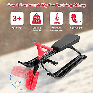 Costzon Snow Racer Sled, Ski Sled with Steering Wheel & Twin Brakes, Durable Steel Frame, Great Weight Capacity of 220 LBS, Classic Downhill Steerable Sled for Kids Teenagers Adult (Red)