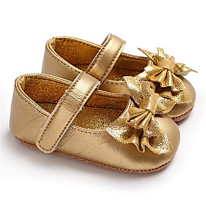 BENHERO Infant Baby Girls Mary Jane Flats Shoes with Bowknot Non Slip Soft Sole PU Leather First Walker Cirb Shoes Toddler Princess Wedding Dress Shoes(0-6 Months Infant),A-Gold
