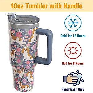 Cavalier King Charles Spaniel Gifts for Women Dog Lovers 40 oz Floral Cavalier King Charles Spaniel Tumblers with Handle and Straw, Stainless Steel Vacuum Insulated Travel Coffee Mug Cup Water Bottle