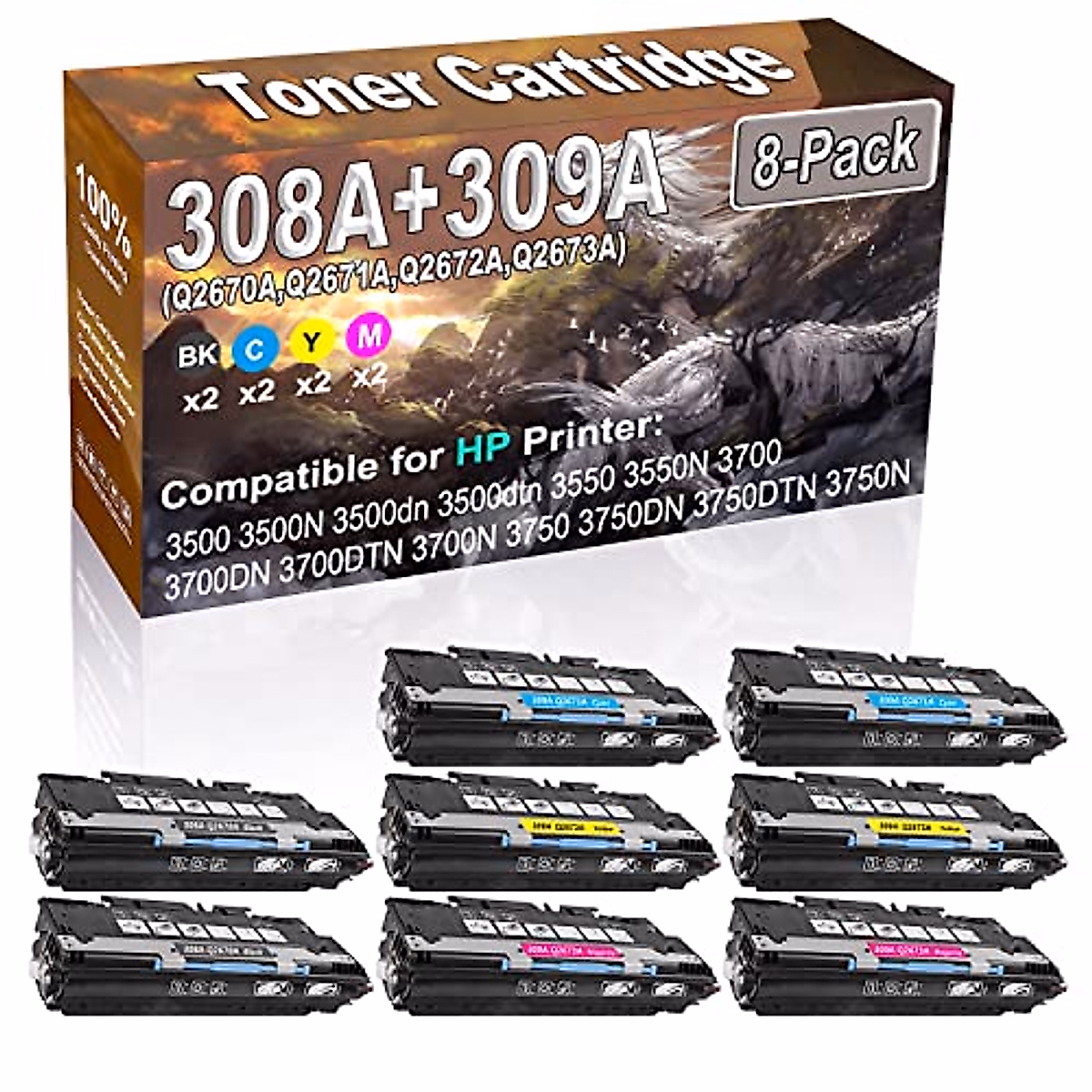 8-Pack (2BK/2C/2Y/2M) Compatible High Yield 308A 309A (Q2670A Q2671A Q2672A Q2673A) Printer Toner Cartridge use for HP 3500 3500N 3500dn 3500dtn 3550 3550N 3700 3700DN 3700DTN Printers