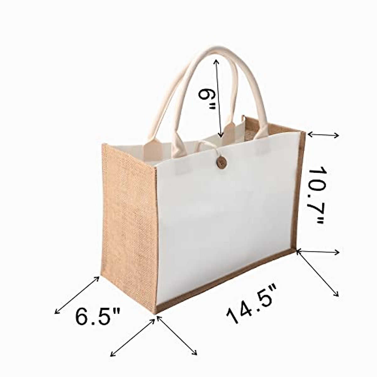 Jute Beach Tote Bags,MEIANJUN Set of 6 Burlap Tote Bags with Button Travel with Handle Grocery Bag Bridesmaid Bags Tote Bag for Beach wedding Shopping travel Arts and Crafts DIY 14.5*10.7*6.5[6pcs]