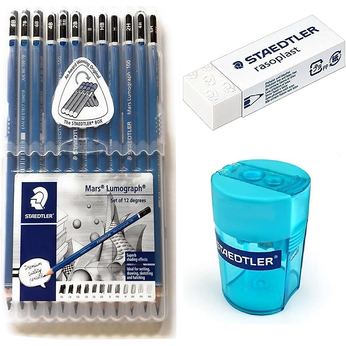 Wooden Lead Pencil By Staedtler Mars Lumograph - Pack of 12 Degrees in Practical Plastic Storage Box with Staedtler Tub Sharpener and Rasoplast Eraser