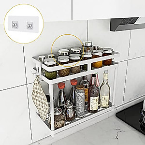 FLE Under Sink Organizer, 2 Tier Metal Under Bathroom Sink Storage Baskets with Hooks, Self Adhesive White Under Sink Shelf Organizer for Bathroom Kitchen