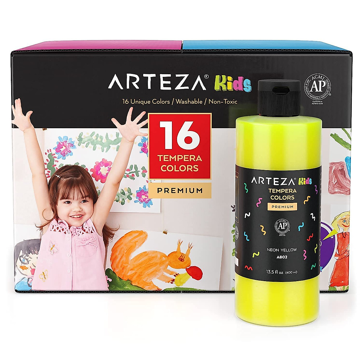 Arteza Kids Tempera Paint, Set of 16 Colors Coloring Puzzle Kit, Art Supplies for Painting, School Projects, and Crafting