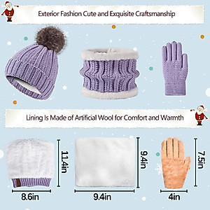 Kids Winter Hat Gloves Scarf Set Girls Boys Beanie Children Knit Neck Warmer Warm Fleece Pom Cap Purple 6-10 Years Old Cold Weather Sets Gifts for Childrens Niñas Niños Gorros Bufandas
