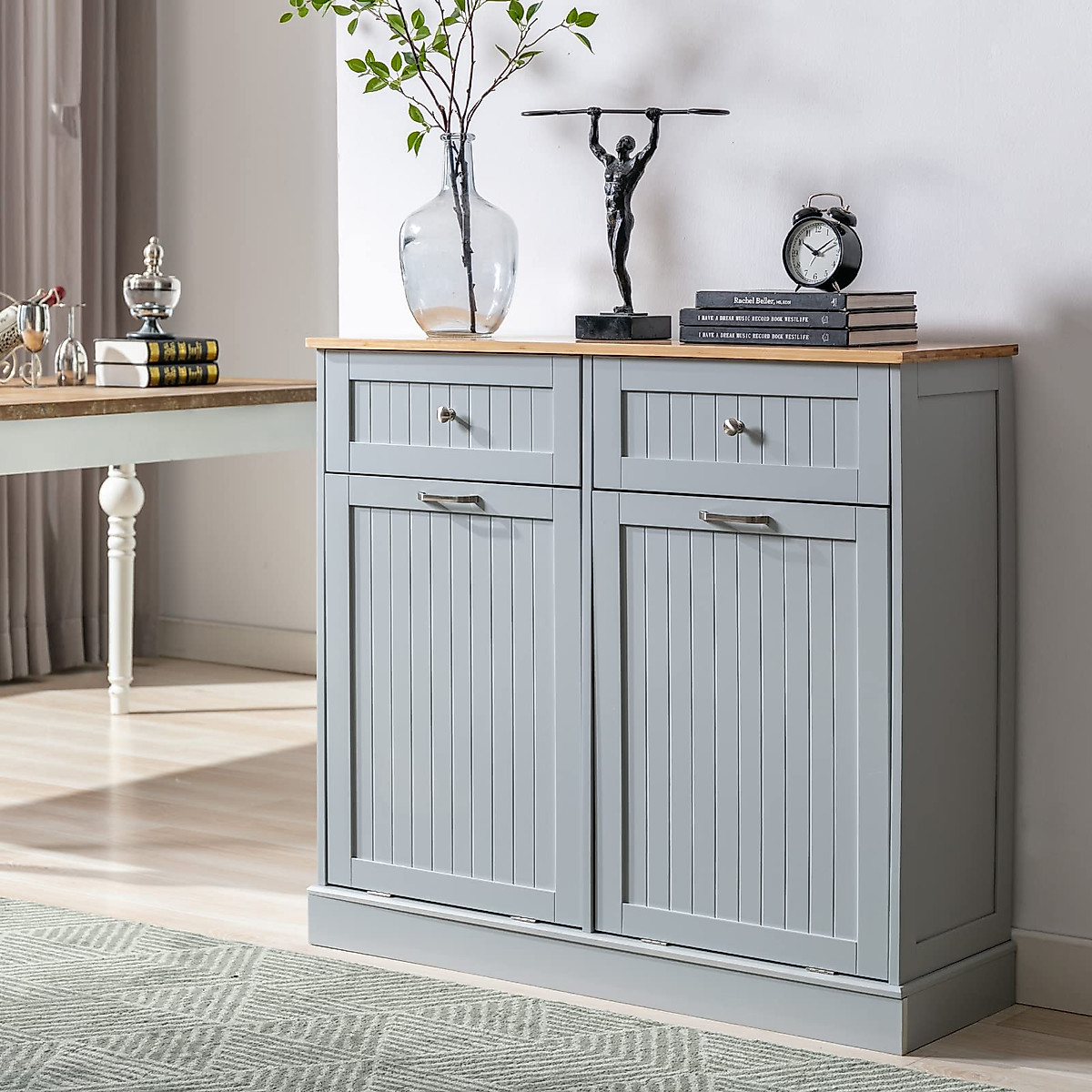 Double Trash Cabinet Tilt Out 20 Gallon, Pet Proof Kitchen Trash Cabinet Laundry Hamper with Cutting Board, Wood Garbage Recycling Station Hideaway Trash Holder Drawers (Grey)