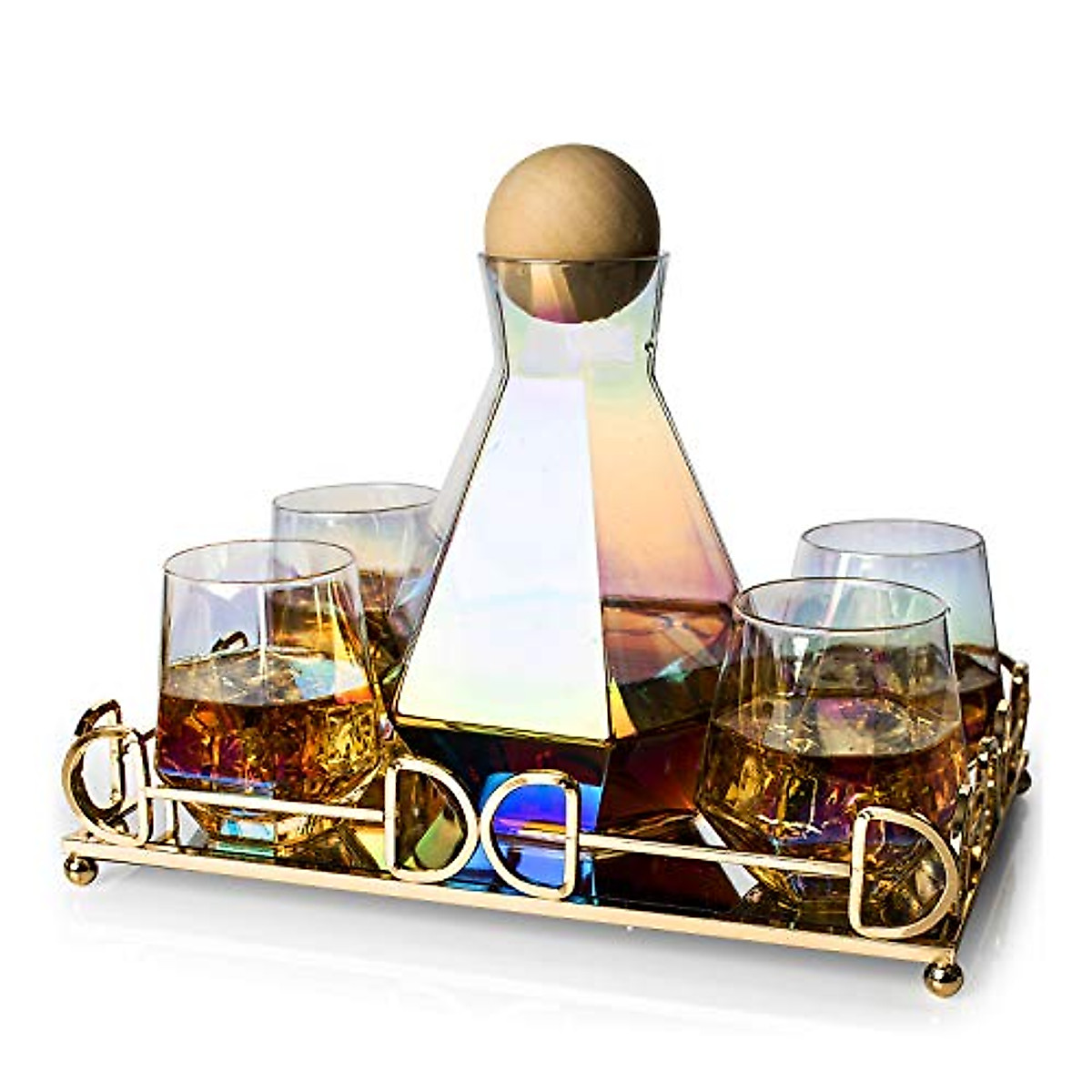 Diamond Iridescent Glass Diamond Decanter and Glasses Set, The Wine Savant Rainbow Iridescent Comes With A Diamond Decanter 4 Whiskey/Wine Diamond Glasses, 1 Tray and a Perfect Box