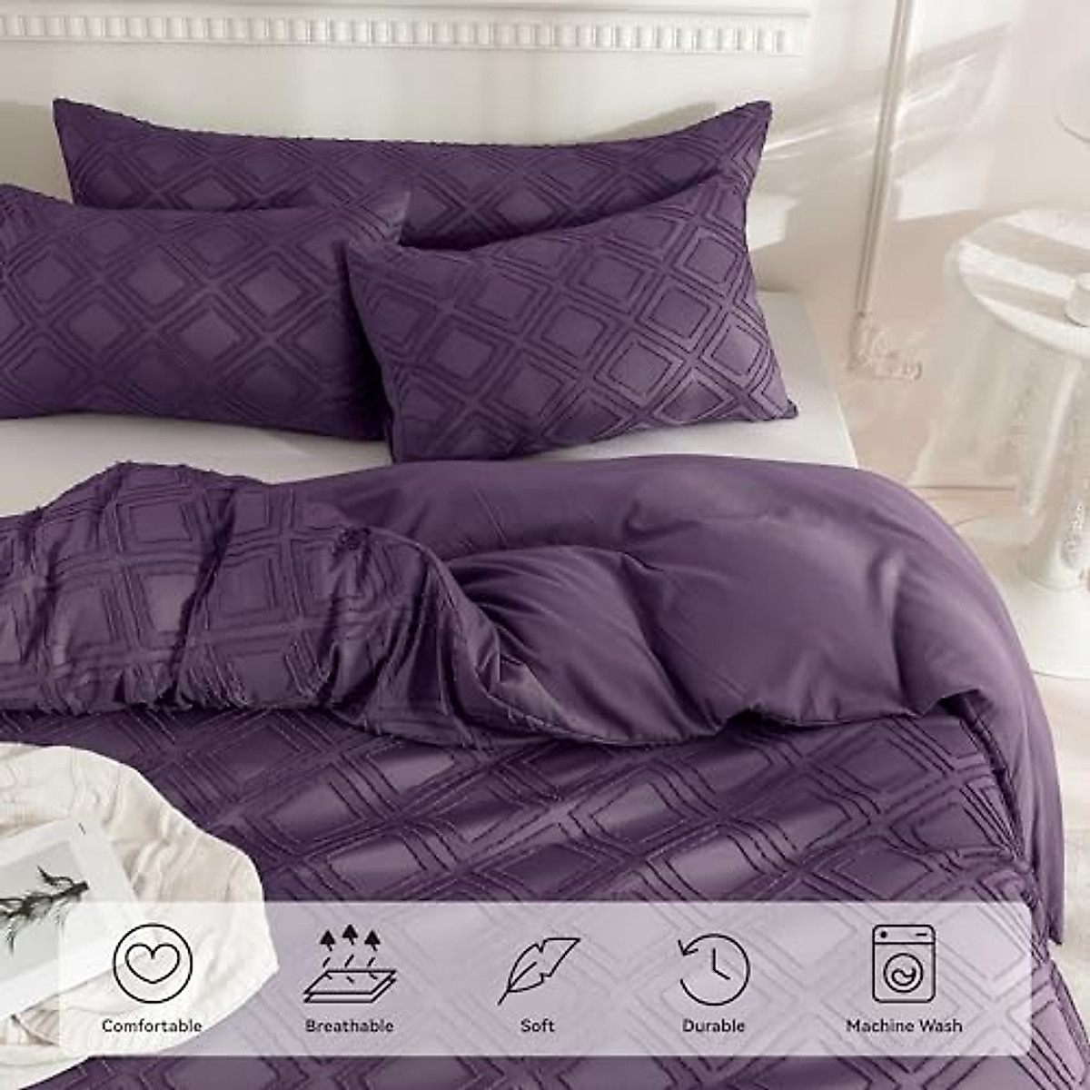 JELLYMONI Duvet Cover King Size - Purple Microfiber Tufted Duvet Cover Set, Boho Textured Duvet Cover Jacquard Rhombus Geometric Pattern Duvet Cover with Corner Ties & Zipper Closure