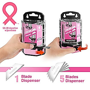 WORKPRO 100-Pack Utility Blades Replacement with Dispenser and Pink Folding Utility Knife with 10 Extra Blades
