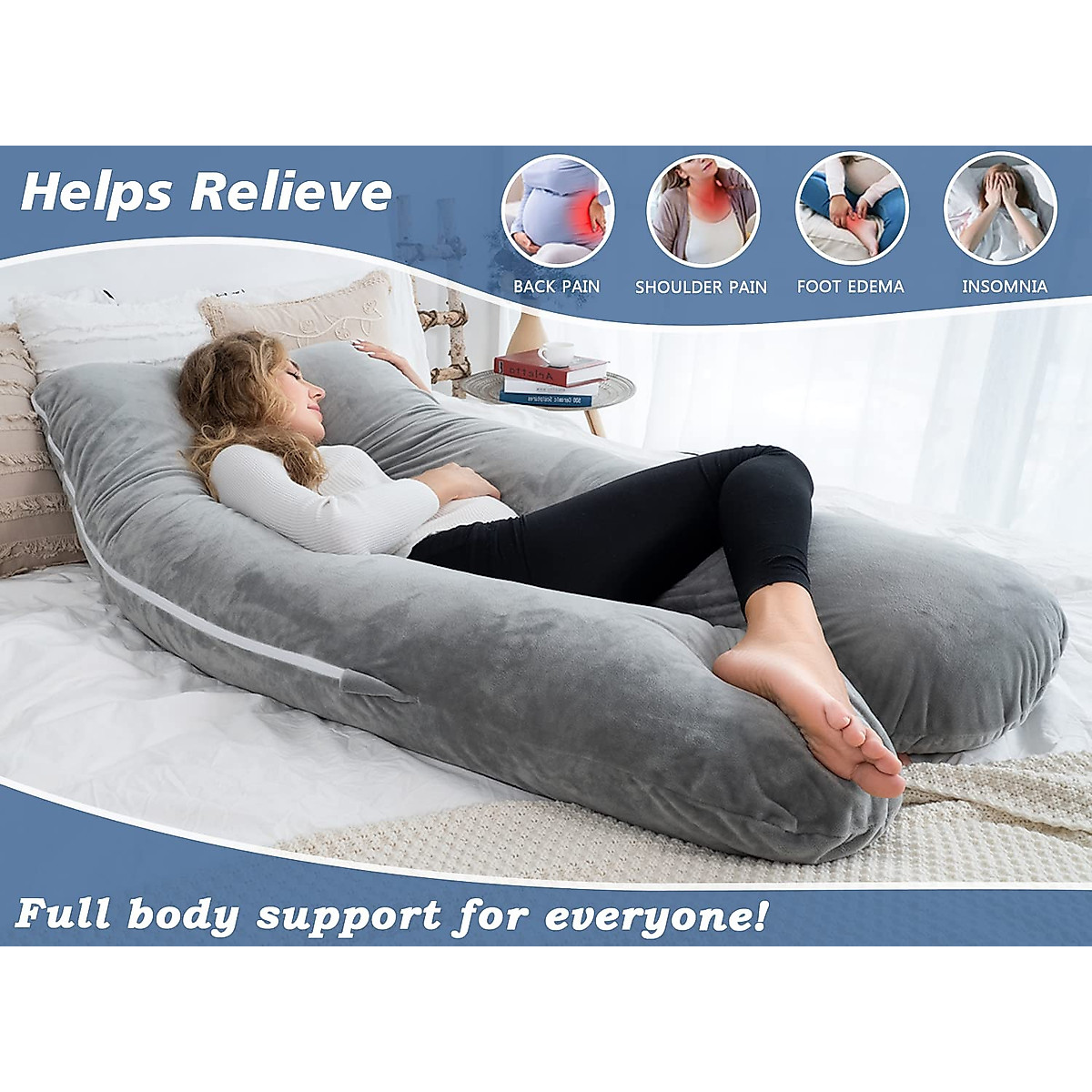 AngQi 60 inch Pregnancy Pillow U Shaped, Full Body Pillow for Pregnant Women/Side Sleepers, Maternity Pillow with Velvet Cover, Gray