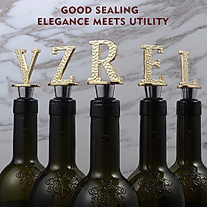 Miicol Initial Letter Wine Stopper, Monogram Hammered Metal, Perfect Wine Gift, Elegance Meets Utility, Wide Used in Kitchen Decor, Bar, Wedding Party, Gold Finish, Letter (A to Z) R