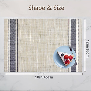 DACHUI Placemats Set of 6, Soft & Elegant Woven Vinyl Place Mats, Water Resistant, Heat Resistant, Washable, Durable Table Mats (Blue Stripes)