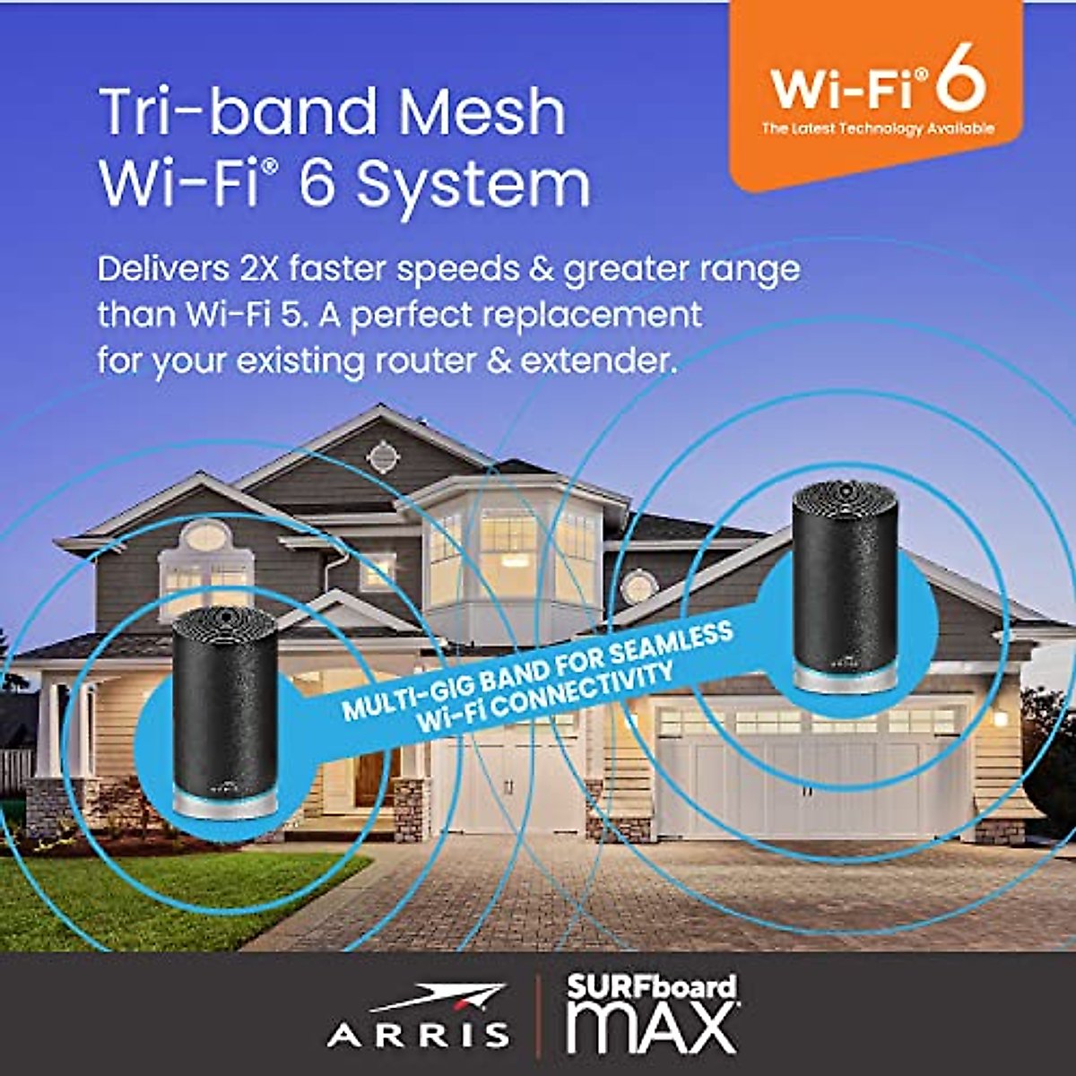 ARRIS SURFboard mAX W130 Tri-Band Mesh Wi-Fi 6 System | AX7800 Wi-Fi Speeds up to 7.8 Gbps | Coverage 6,000 sq ft | 4.8 Gbps Backhaul | Four 1 Gbps Ports per Node | Alexa Support | 2 Year Warranty