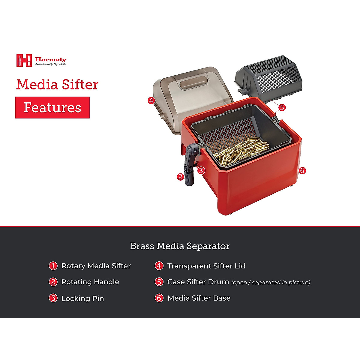 Hornady Rotary Media Sifter 050207 - Easily Separate Corn Corb or Steel Pin Tumbling Media from Cartridge Cases - Media Separator with Rotating Handle, Clear Lid, Sifter Drum Halves, & Locking Pin
