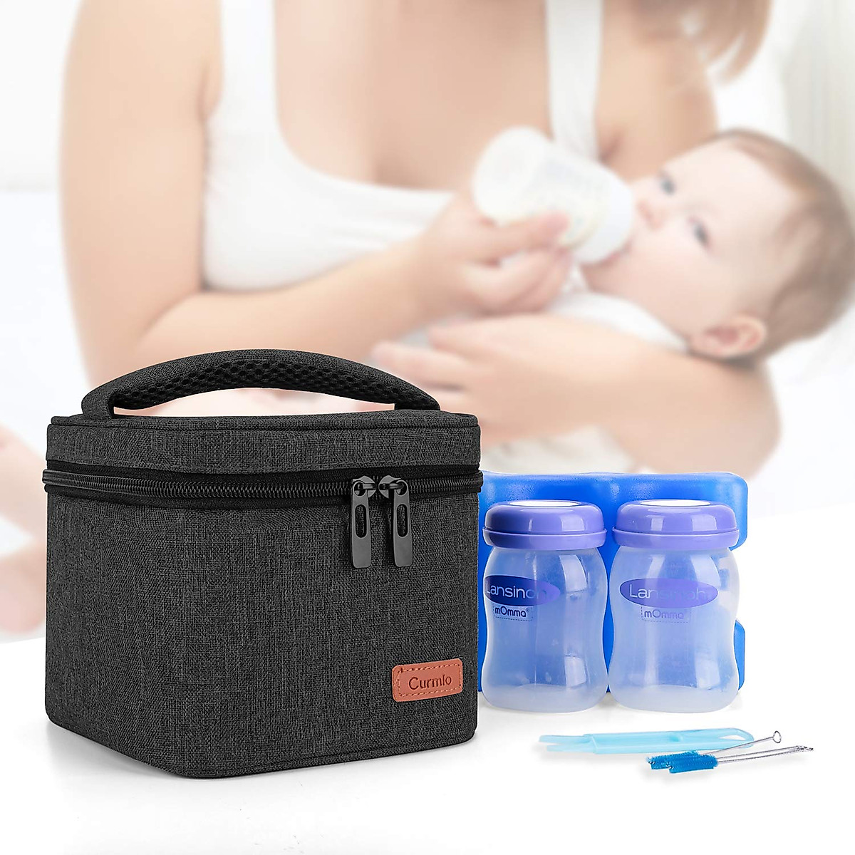 CURMIO Breastmilk Storage Bag for 4 Bottles up to 5 Oz, Insulated Mini Cooler Bag for Baby Bottles, Bottle Warmer On the Go for Daycare, Bag Only, Black