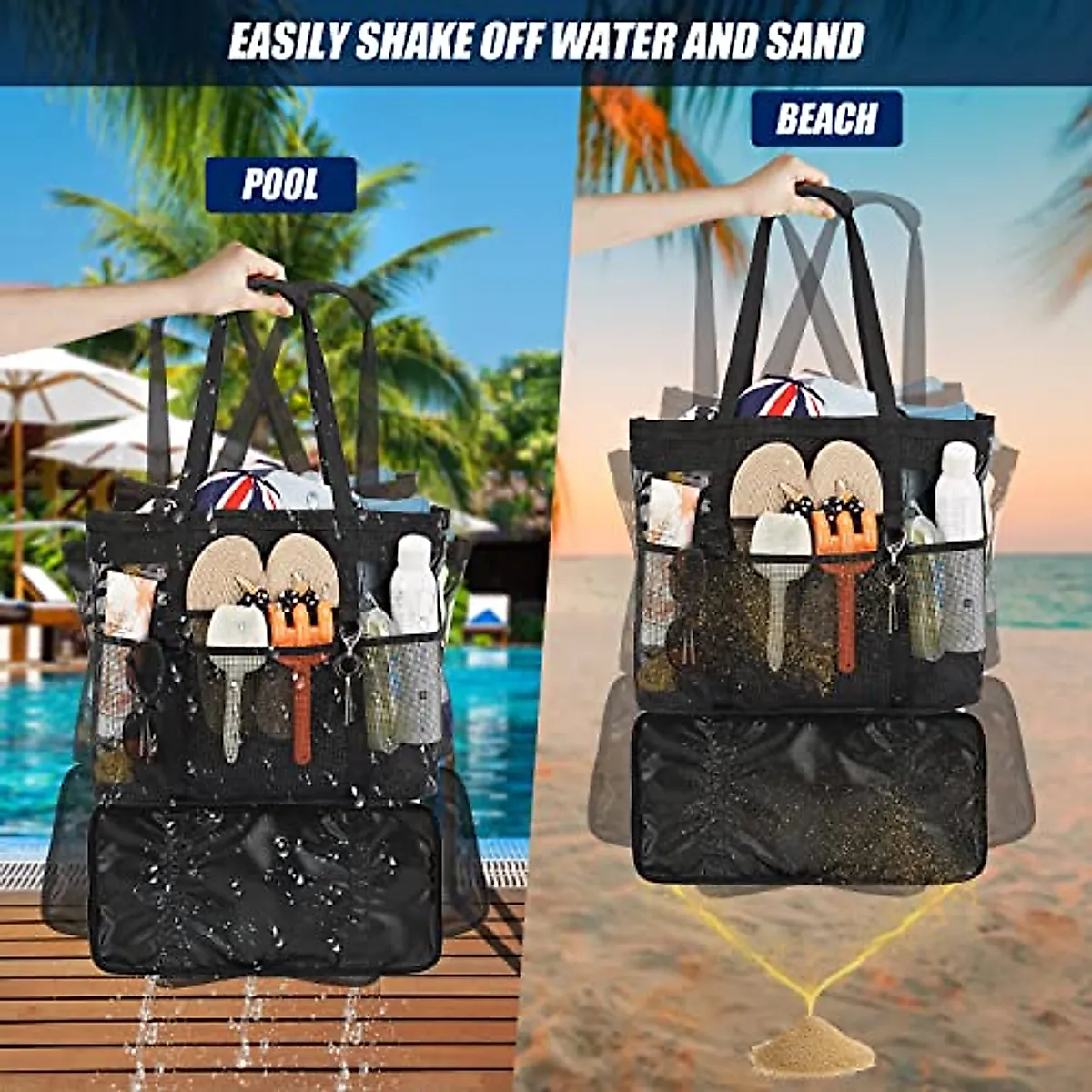 Beach Bag for Women Beach Tote Waterproof Sandproof Mesh Swim Pool Bag Large Foldable Travel Grocery Utility Bag Zipper, Black With Zipper, XL
