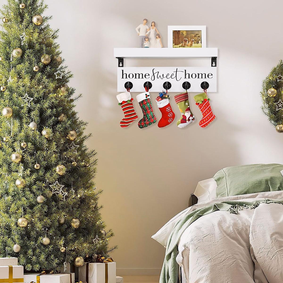 FIPUTE Christmas Stocking Holder for Wall Hanging, Wooden Stocking Hangers for Wall, Christmas Stocking Hook Decoration, Christmas Fireplace Mantel Decorations, (14" x 6.3" x 3.9") White