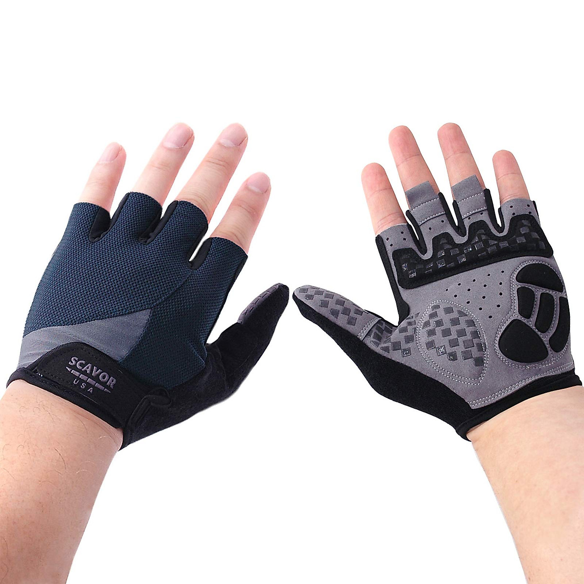 SCAVOR Padded Fingerless Mountain Biking Mesh Gloves - for Men Women Boys with Full Thumb Half Finger - Pefect for Sport Bike Fishing Cycling Wheelchair Use (Navy, Medium)