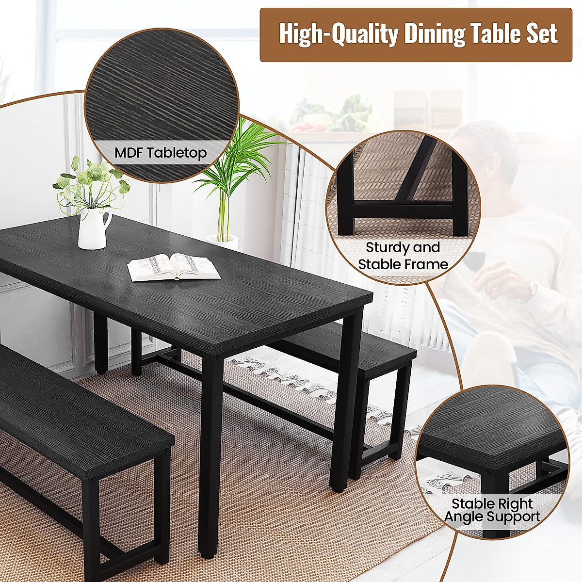 Recaceik 3-Piece Dining Table Set for 4, 43'' Dining Room Table Set with 2 Benches, Space-Saving Dinette Table with Metal Frame & MDF Board, Breakfast Table for Kitchen, Dining Room, Black