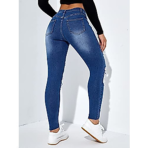 Floerns Women's Cut Out Ripped Jeans Raw Hem High Waist Skinny Denim Pants Blue S