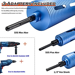 DaduoRi 2" Dry Core Drill Bit for Brick and Block with 3 Adapters Included: SDS Plus, SDS Max and 1/2" Hex Shank, 9.5" Drilling Depth Core Bits for Soft Concrete,Brick,Stucco,Masonry, 5/8"-11 Thread