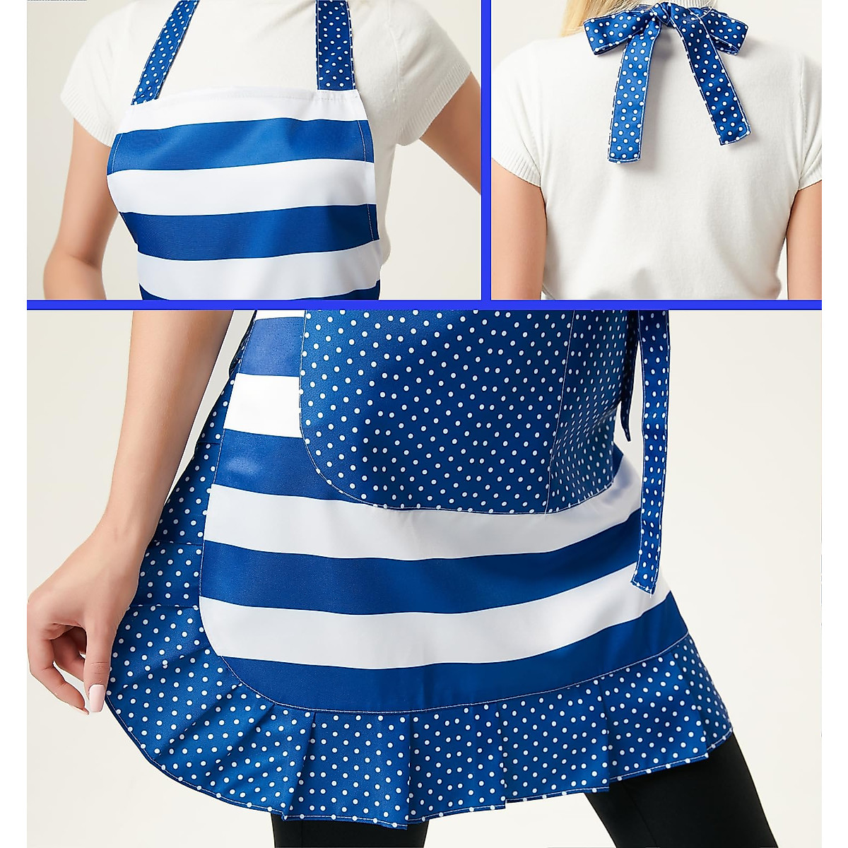 Lovely Lady's Kitchen Fashion Cooking Baking Kitchen Aprons with Pockets for Mother's Day Gift, Plus Size Apron (31 x 28 Inches) Blue,white