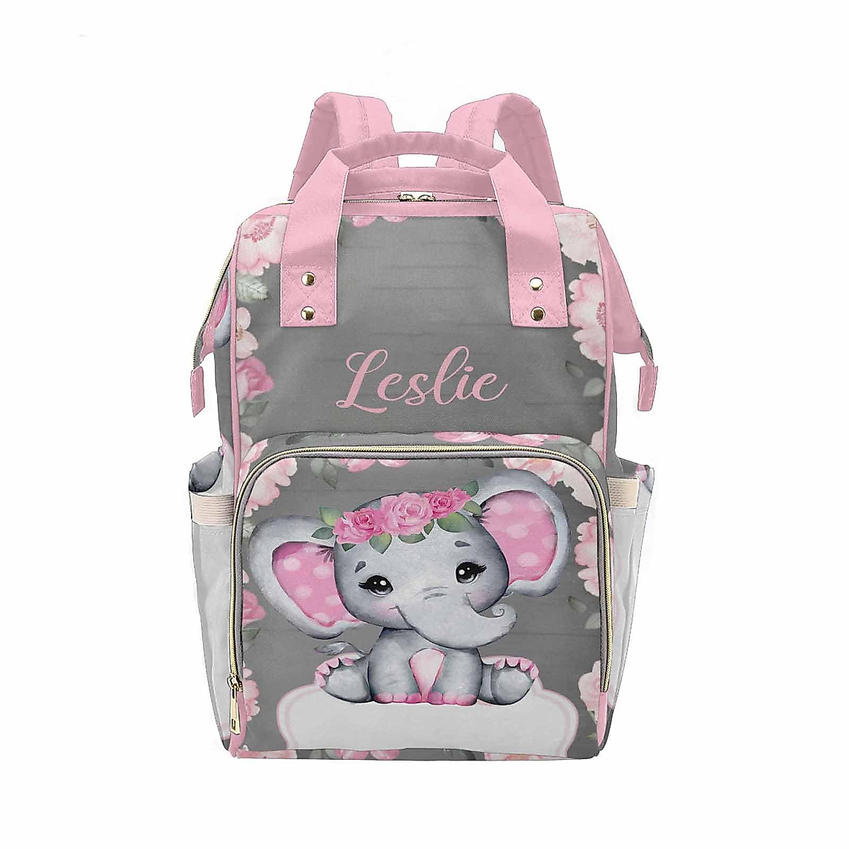 InterestPrint Personalized Baby Elephant with Pink Rose Flowers Diaper Bag Nursing Baby Bags Nappy Bag Travel Daypack for Mom Dad Girl