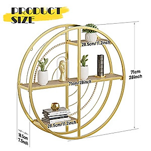 Floating Shelves for Wall,Round Metal Wall Mount Display Organizer Holder Circle Rustic Retro Decorative Wood Shelves Wall Mounted for Living Room Bathroom Bedroom Kitchen Office (Gold&Beads, XXL)