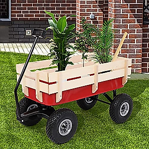 Red and White Garden Wagon Cart,Gorilla Cart,Wheelbarrow,Beach Wagon with Big Wheels for Sand,Utility Garden Iron Wood Four Wheel Garden Wagon for Outdoor Camping,Nurseries,Greenhouse