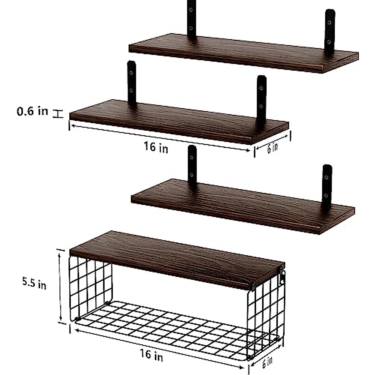 Floating Shelves with Storage Basket, Bathroom Shelves Over Toilet Paper Holder Storage Shelves, Wall Mounted Rustic Wood Shelves for Bathroom, Bedroom, Living Room, Kitchen(Brown, Set of 4)