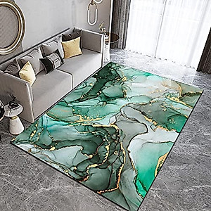 Abstract Emerald Green Marble Area Rug, Modern Abstract Fluid Art Decorative Rug, Easy Clean Carpet with Anti-Slip Backing for Bedroom Living Room Dining Room Office 5ftx6ft