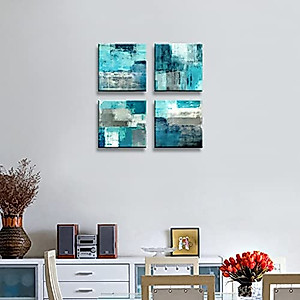 Abstract Wall Art Canvas Turquoise and Grey Abstract Art Painting Canvas Artwork Contemporary Wall Art for Bathroom Bedroom Living Room Kitchen Wall Decor 12" x 12" x 4 Pieces Canvas Prints