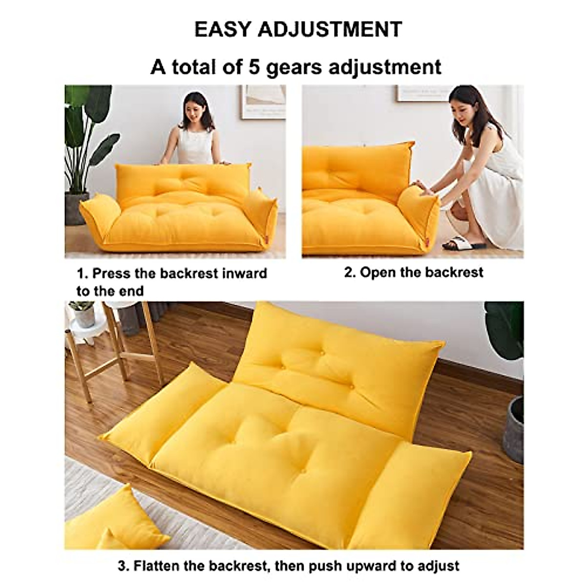 JHKZUDG Multi-Functional 5-Position Foldable Lazy Sofa Sleeper Bed,Adjustable Floor Sofa Couch with 2 Pillows, Cotton Linen Floor Seating Sofa, for Reading Gaming,Purple