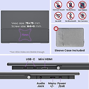 Upperizon Portable Gaming Monitor 16 Inch QHD 2.5K 2560X1600 16:10 100 Hz 100% sRGB 10 Bit Travel Monitor for MacBook, Laptop, PC, Surface, Game Console, VESA Compatible, with Kickstand & Sleeve