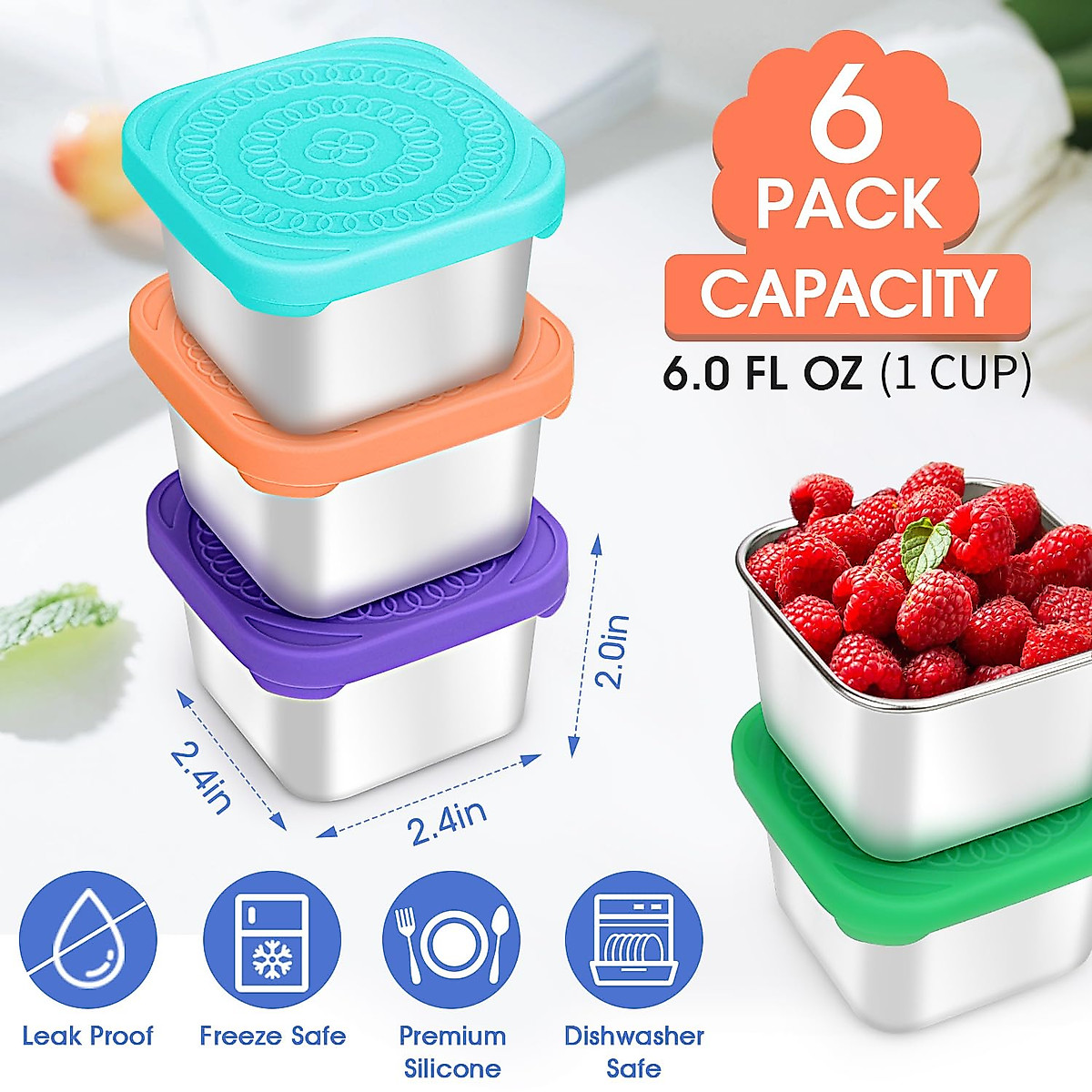 6Pack Stainless Steel Snack Containers, 6oz 304 Stainless Steel Metal Sauce Food Storage Box Containers with Silicone Lids, Reusable Small Portable Leak Proof Food Lunch Boxes Set, Easy Open