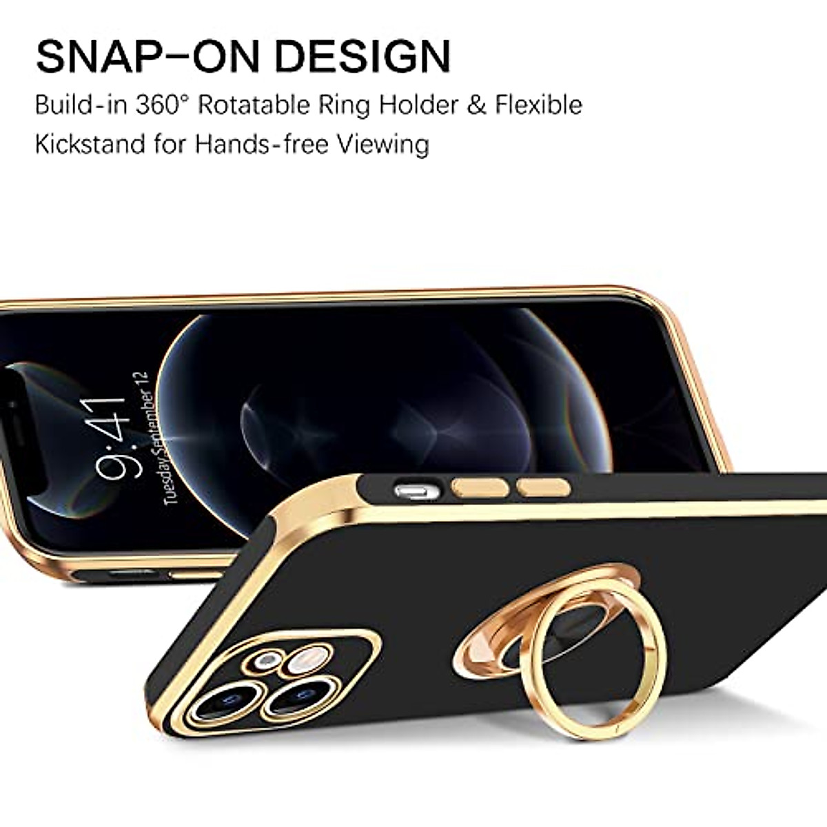 BENTOBEN iPhone 12 Case, Slim Lightweight 360° Ring Holder Kickstand Support Car Mount Shockproof Women Men Non-Slip Protective Case for iPhone 12 6.1", Black/Gold