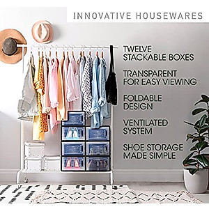 INNOVATIVE HOUSEWARES Shoe Organizer Plastic Storage Bins Clear Stackable Shoe Boxes Shoe and Sneaker Storage Pack of 12 (Transparent Black)